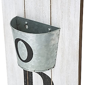 Glitzhome 42"H Wooden Welcome Porch Sign for Front Door with Cute Metal Hanging Planter, Washed White