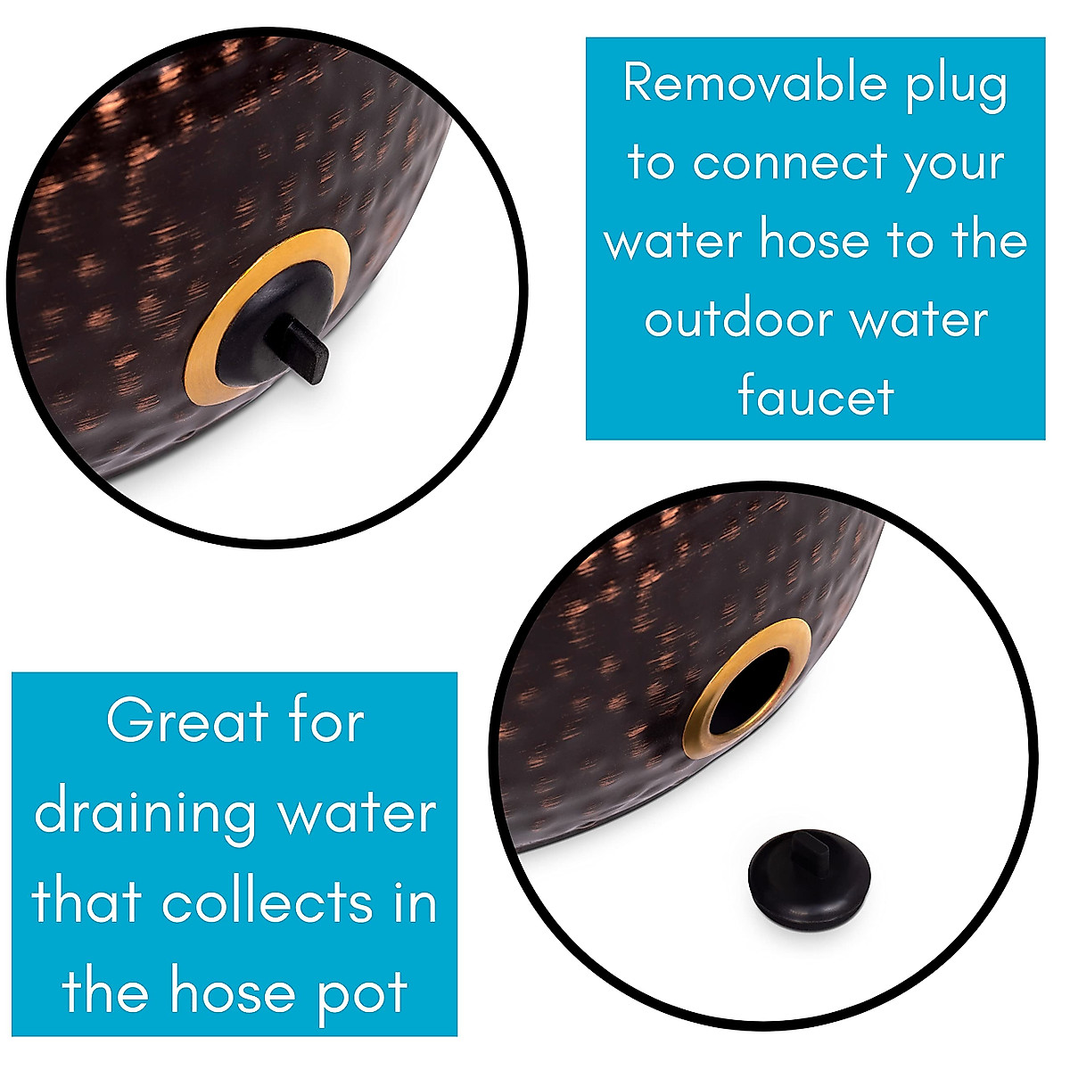 BIRDROCK HOME Decorative Water Hose Holder with Lid | Holds 200ft Hoses | Distressed Bronze | Ground Garden Hose Pot | Handle | Embossed | Steel Metal with Copper Accents | Outdoor or Indoor Use