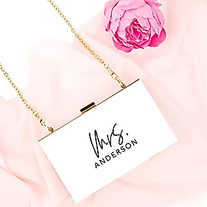 Andaz Press Personalized Acrylic Clutch Purse for Bride Custom Mrs. White Clutch Box Shoulder Handbag with Gold Removable Metal Chain for Wedding Day Bachelorette Bridal Shower Engagement Gift, 1-Pack