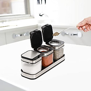 DEAYOU 3 Pack Glass Seasoning Box with Tray, Clear Condiment Canister with 18/10 Stainless Steel Lid and Spoon, Kitchen Spice Pot with Base, Salt Pepper Sugar Storage Container Jar Cruet for Desk