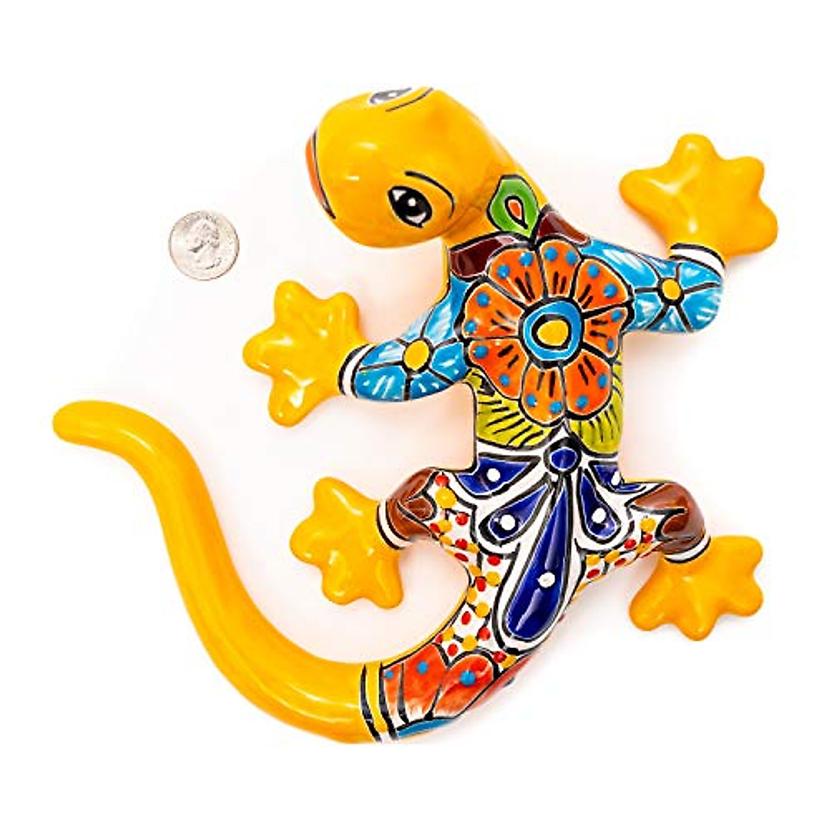 Enchanted Talavera Pottery Hand Painted Mexican Ceramic Garden Creatures Gecko Salamander Frog Butterfly Dragonfly Animals Butterflies Reptiles Wall Décor Art (Medium 10 x 9 Marigold)