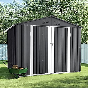 CrownLand Upgraded Outdoor Vented Backyard Garden Storage Shed 6 x 8 Feet Tool House with French Door Outdoor Lawn Steel Roof Sheds (Gray)