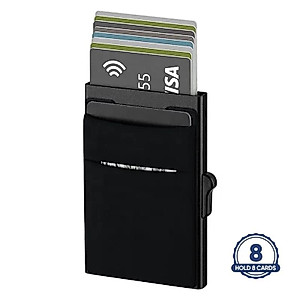 Jonsoil Minimalist Pop-up Mens Card Holder Smart RFID Wallet | Aluminum Metal Bank Card Case with Money Pocket | Slim Business Card Front Pocket Travel Wallet (Black)