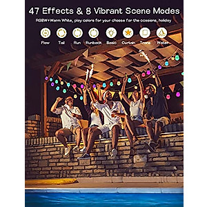 YSJ 49ft Outdoor String Lights for Outside, RGBW Patio Lights with App and Remote Control, IP66 Waterproof, Shatterproof, 8 Scene Modes, with 15 Dimmable LED Bulbs for Balcony, Cafe, Backyard, Garden