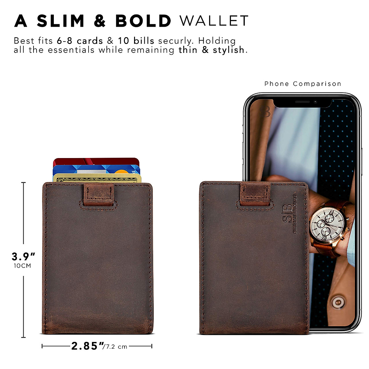 SERMAN BRANDS RFID Blocking Bifold Slim Genuine Leather Minimalist Front Pocket Wallets for Men Money Clip (Texas Brown 3.0)