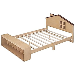 FAVSH Full Size House Platform Bed with LED Lights and Storage,Wood Kids Bed Frame w/House-Shaped Headboard and Slats Support, No Box Spring Needed,Natural