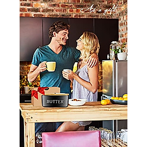 AISBUGUR Large Butter Dish with Lid Ceramics Butter Keeper Container with Knife and High- quality Silicone Sealing Butter Dishes with Covers Good Kitchen Gift Black