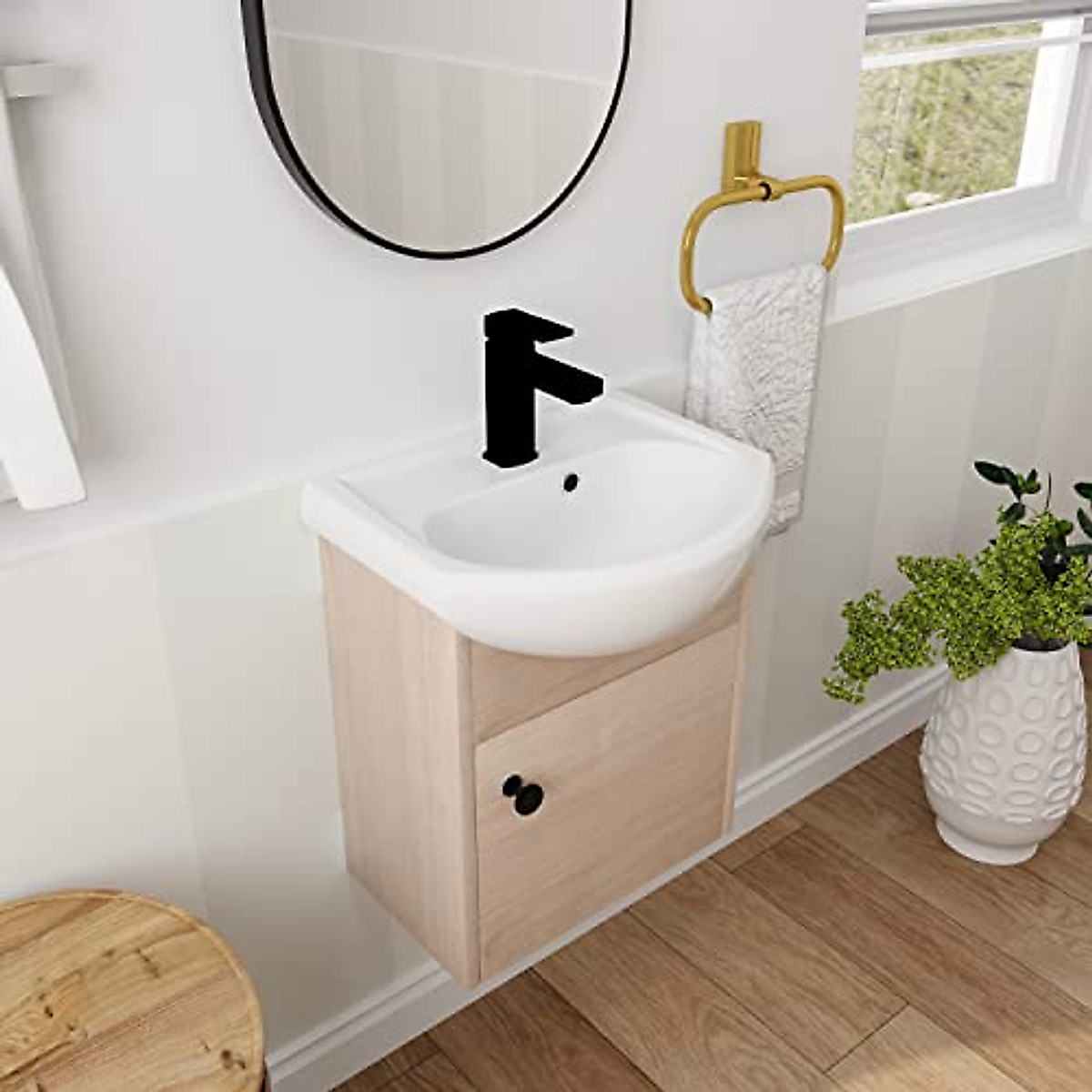 HomSof Small Size 18 Inch Bathroom Vanity with Ceramic Sink,Wall Mounting Design，18"x14", Plain Light Oak