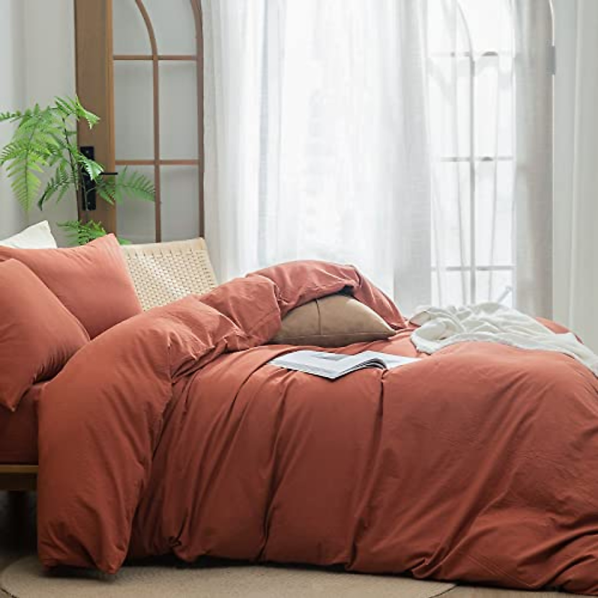 BESTOUCH Duvet Cover Set 100% Washed Cotton Linen Feel Super Soft Comfortable Chic Lightweight 3 PCs Home Bedding Set Crimson Red Queen