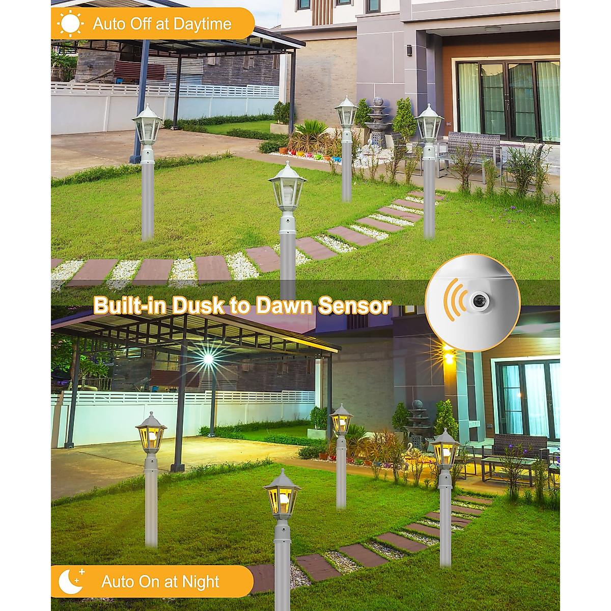 FUDESY Dusk to Dawn Outdoor Post Light, White Modern Exterior Post Lantern with Pier Mount Base, Plastic Waterproof Lamp Light Fixture for Garden Yard Patio Pathway, LED Bulb Included