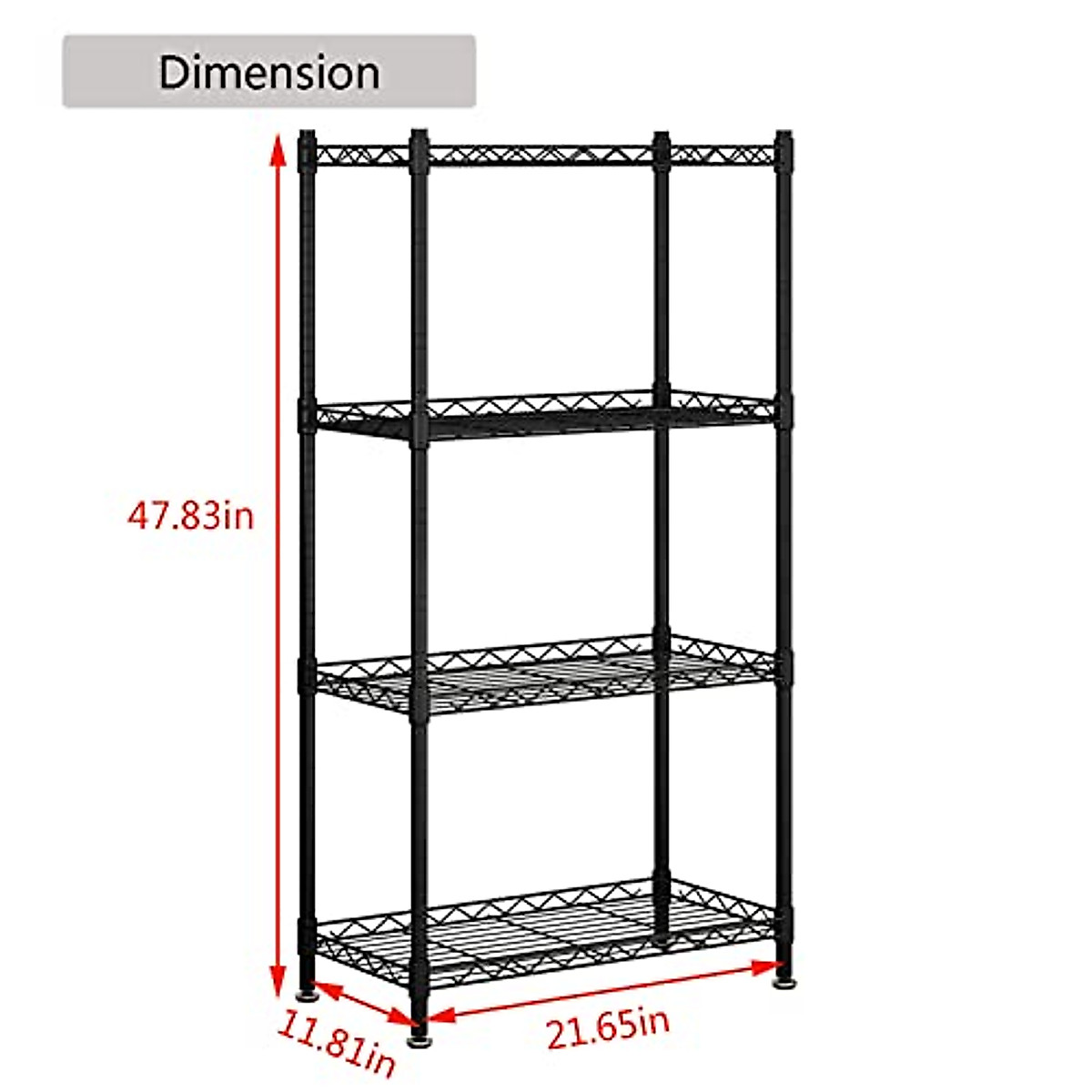 SORCEDAS Shelve 4 Tier Adjustable Utility Metal Storage Wire Rack Unit for Home Kitchen Garage Bathroom Office Indoor Black (Black, 4 Tier-Adjustable Feets)