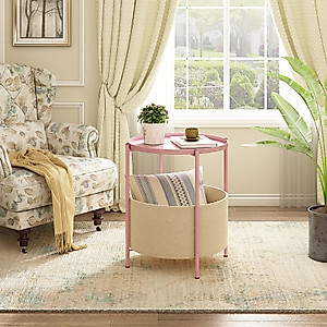 Fixwal Round Side Table, Bedside Table, Pink Nightstand, Metal Side Table with Fabric Storage Basket, Small End Table with Removable Tray, Dresser for Kids Bedroom, Nursery, Laundry