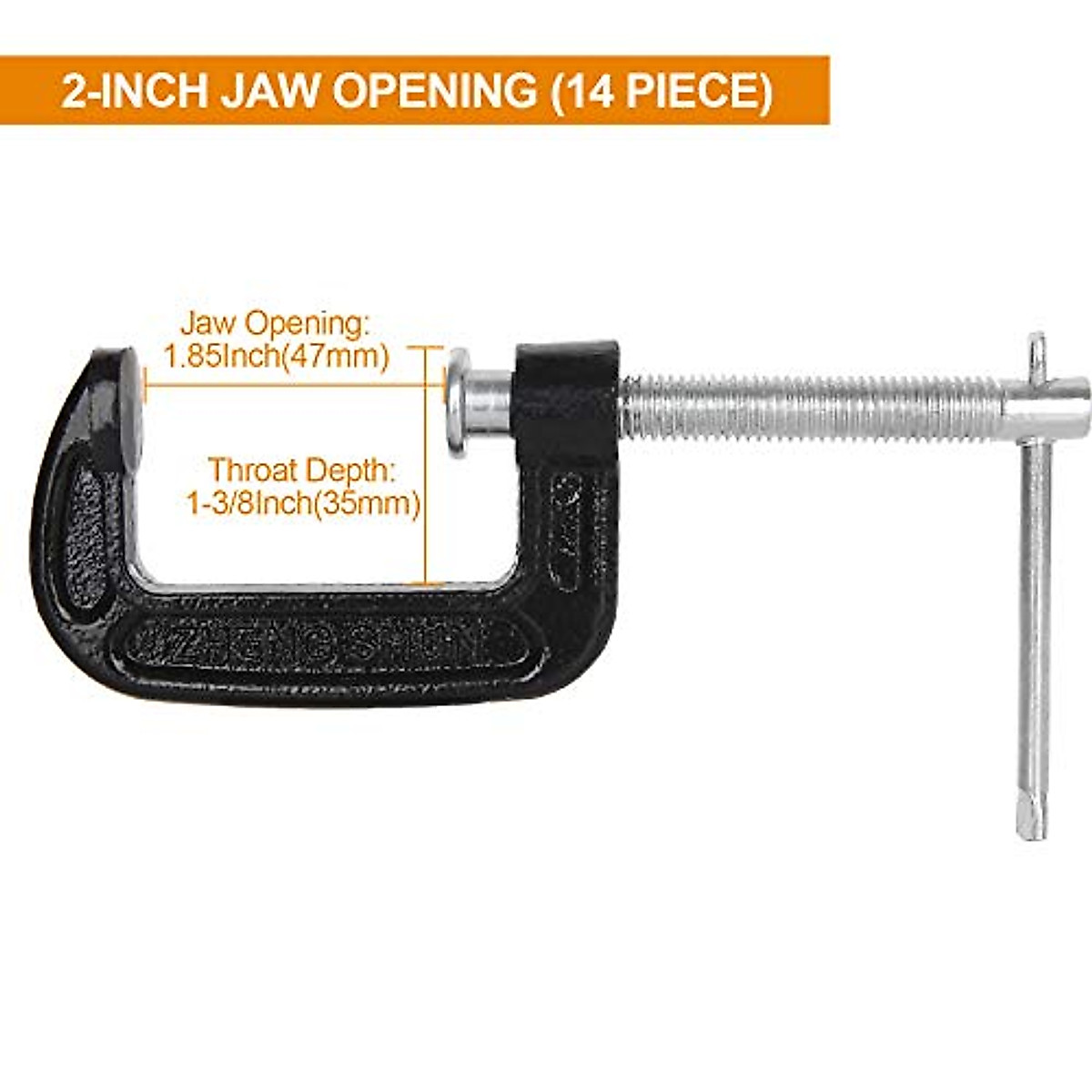 C-Clamp 2 Inch 14 Pieces G Clamp Set for Woodworking, Welding, and Building, 2 Inch Jaw Opening, Throat Depth 1-3/8 Inch