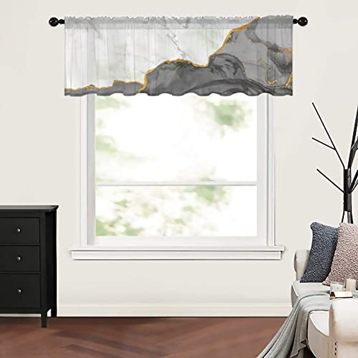 Chiffon Window Valance Kitchen Curtains Grey White Marble Crack,Rod Pocket Tier Curtain Light Filter Panel,Gold Foil Lines Abstract Art Windows Valances Drapes for Bedroom,Bathroom 54x18In