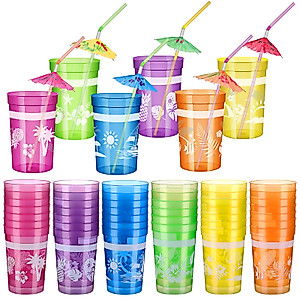 100 Pcs 12 Oz Hawaiian Luau Plastic Party Cups 100 Pcs 9.45 Inch Umbrella Parasol Drinking Straws Umbrella Straws for Cocktail Juice Milkshake Beach Hawaiian Party Luau Summer Decorations Supplies