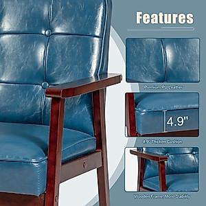 Okeysen Mid Century Modern Accent Chairs, Retro Wood and Leather Armchairs Side Chair, Lounge Reading Comfy Arm Chair for Living Room, Bedroom, Office (Blue)
