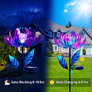 AIINY Solar Purple Metal Flower Wind Spinners, Colorful Spinning Windmill Lotus Yard Art Lights Wind Pinwheels with LED Crystal Ball Decorative Stake Lighting Flower Sculpture
