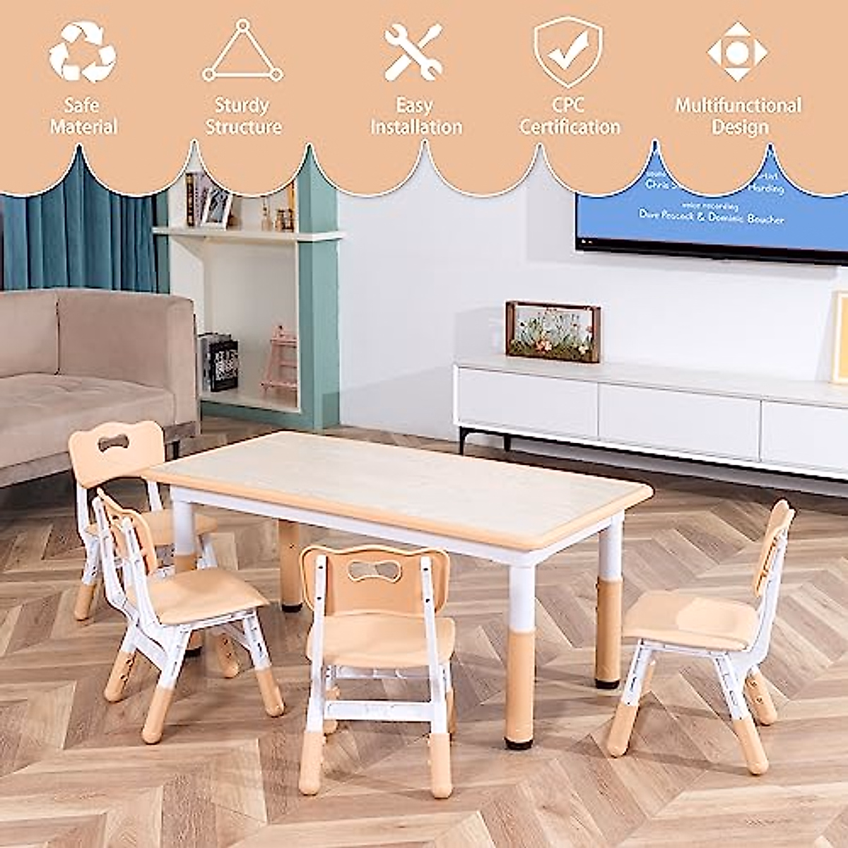 JONUTATO Toddler Table and Chair Set, Height-Adjustable Toddler Desk with 4 Seats, Kids Table and Chair Set for Girls & Boys Age 2-10, Scrub-Table Desktop Kids Study Table for Daycare, Brown