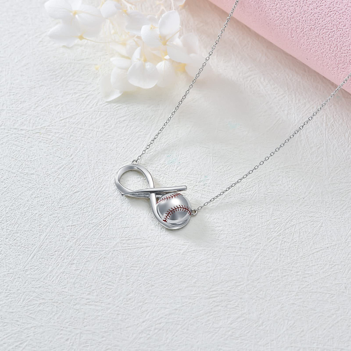 RMREWY Baseball Necklace 925 Sterling Silver Infinity Pendant Baseball Bat Sports Charm Baseball Jewelry Gift for Women Baseball Lovers