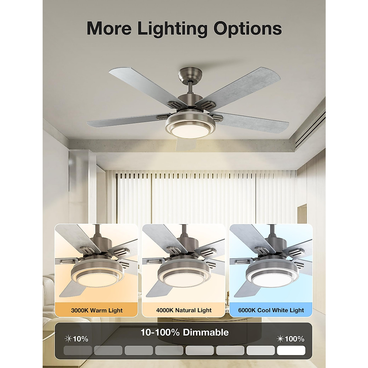 warmiplanet Ceiling Fans with Lights and Remote Control, 52 Inch, 6 Speeds Reversible DC Motor, 3 Color Dimmable Light, Timer, Noiseless, Brushed Nickel, 5 Blades, 2 Pack