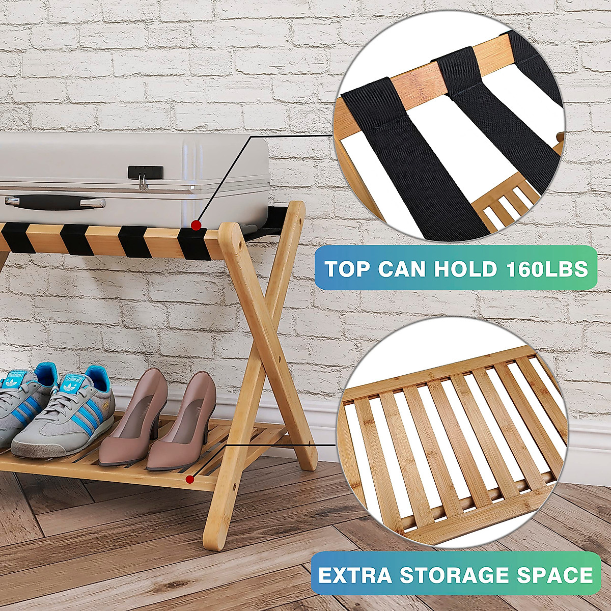 SMIBUY Luggage Rack, Foldable Bamboo Suitcase Stand with Storage Shelf for Guest Room, Bedroom, Hotel, Heavy-Duty, 1 Pack (Natural)