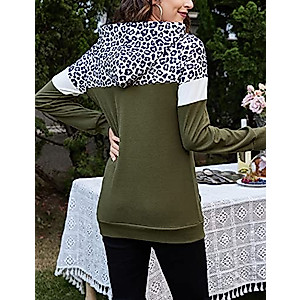 Bluetime Women Pullover Sweatshirt with Pocket Color Block Long Sleeve Fall Tops Shirts Leopard Hoodies (XL, Leopard Olive Green)