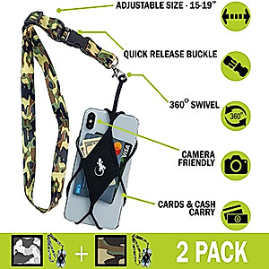 Gecko Travel Tech Lanyard Phone Holder x2 - Universal Phone Lanyards for Around The Neck with Silicone Pocket (2 PACK - CAMO SET)