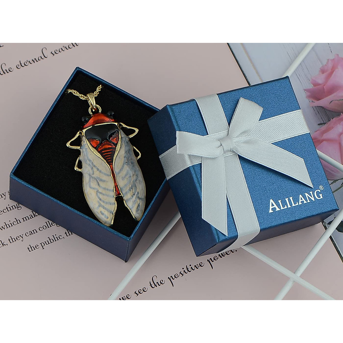 Alilang Big Antique Golden Tone Orange Amber Vintage Insect Cicada Beetle Bug Chain Pendant Necklace