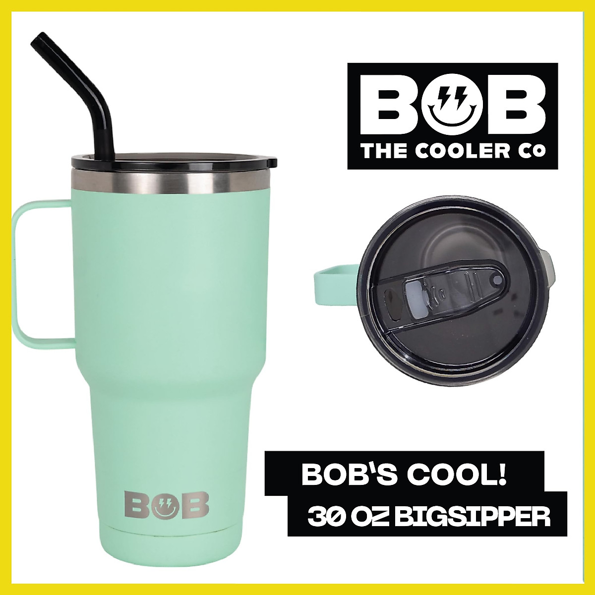 BOB THE COOLER CO BOBs 30Oz Heavy Duty Double Wall Vacuum Insulated Tumbler with Straw and Handle, Made of Stainless Steel, Great for Travel, Beach, & More