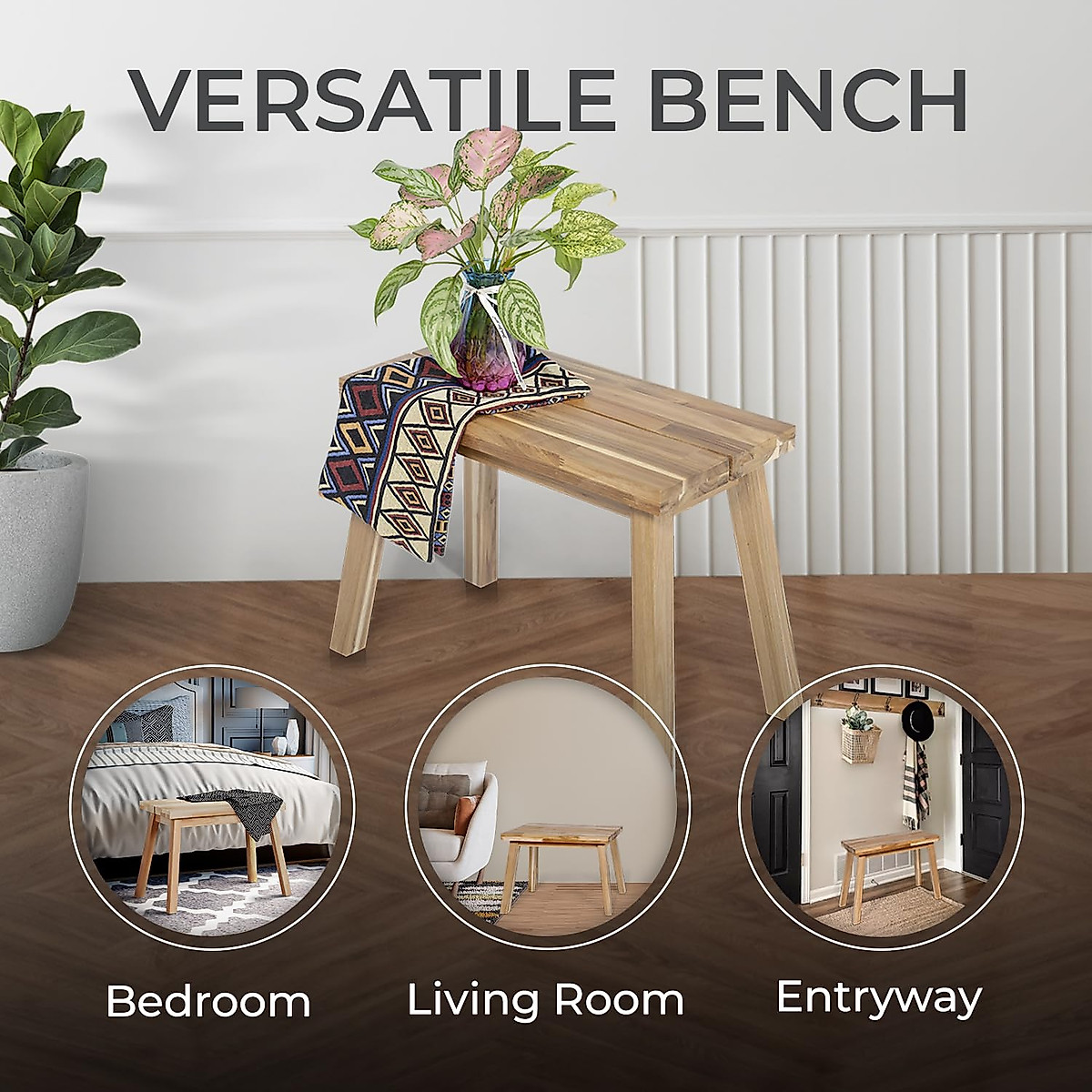 ARROWSTONE Bench 100% Solid Acacia Wood, Backless, Wax Galvanized Finish, Easy Assembly, End Table Wooden Bench Furniture for Plant, Dining Room, Entryway, Indoor (26 inches)