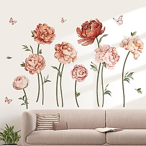 wondever Pink Peony Rose Flower Wall Stickers Boho Floral Peel and Stick Wall Art Decals for Girls Bedroom Living Room TV Wall