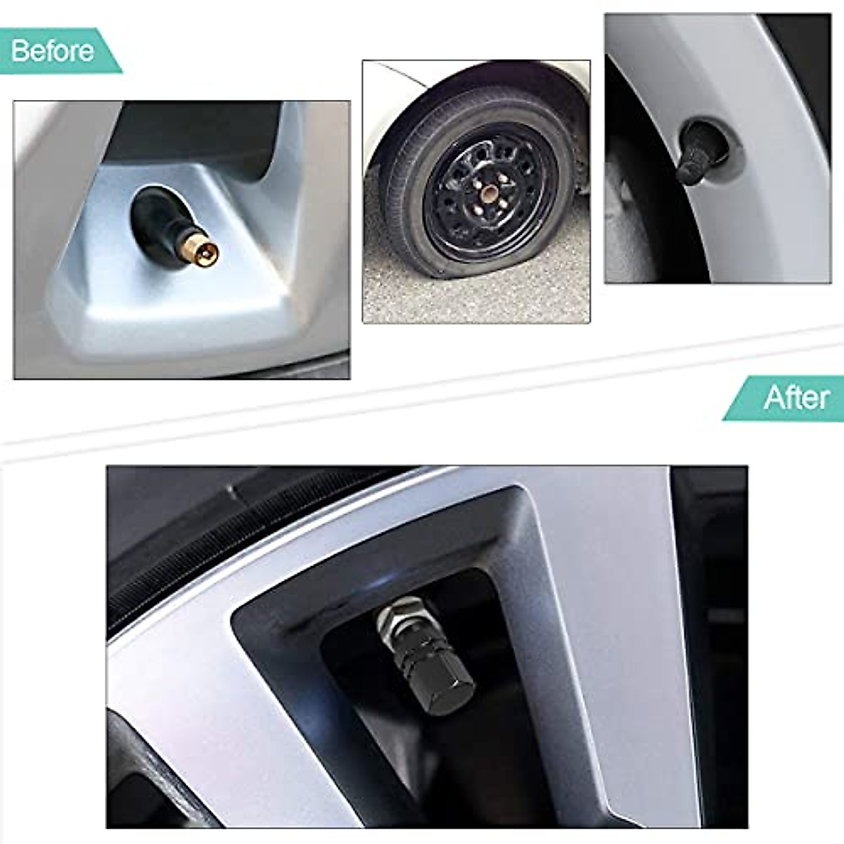 4 PCS Tire Stem Valve Caps Wheel Valve Covers Car Dustproof Tire Cap, Leak-Proof Air Protection Fits Cars, Trucks, Bikes, Motorcycles, Bicycles, Hexagon Shape Design (Black)