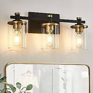 Atocif Bathroom Vanity Light 3-Light, Black and Gold Bathroom Light Fixtures with Clear Glass Shade, Vintage Bathroom Vanity Lights, Modern Wall Sconce for Bathroom, Living Room, Hallway, Bedroom