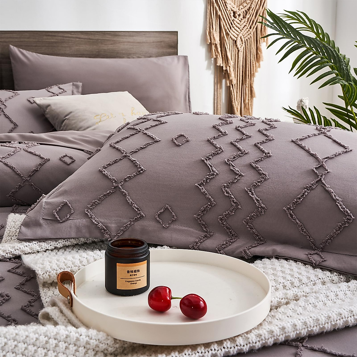 FLYMME Taupe Tufted Twin Comforter Set Bed in a Bag 7 Piece,Boho Shabby Chic Farmhouse Bedding Comforter with Sheets,Soft Lightweight Geometric Embroidery Comforter (Taupe, 68''x 86'')