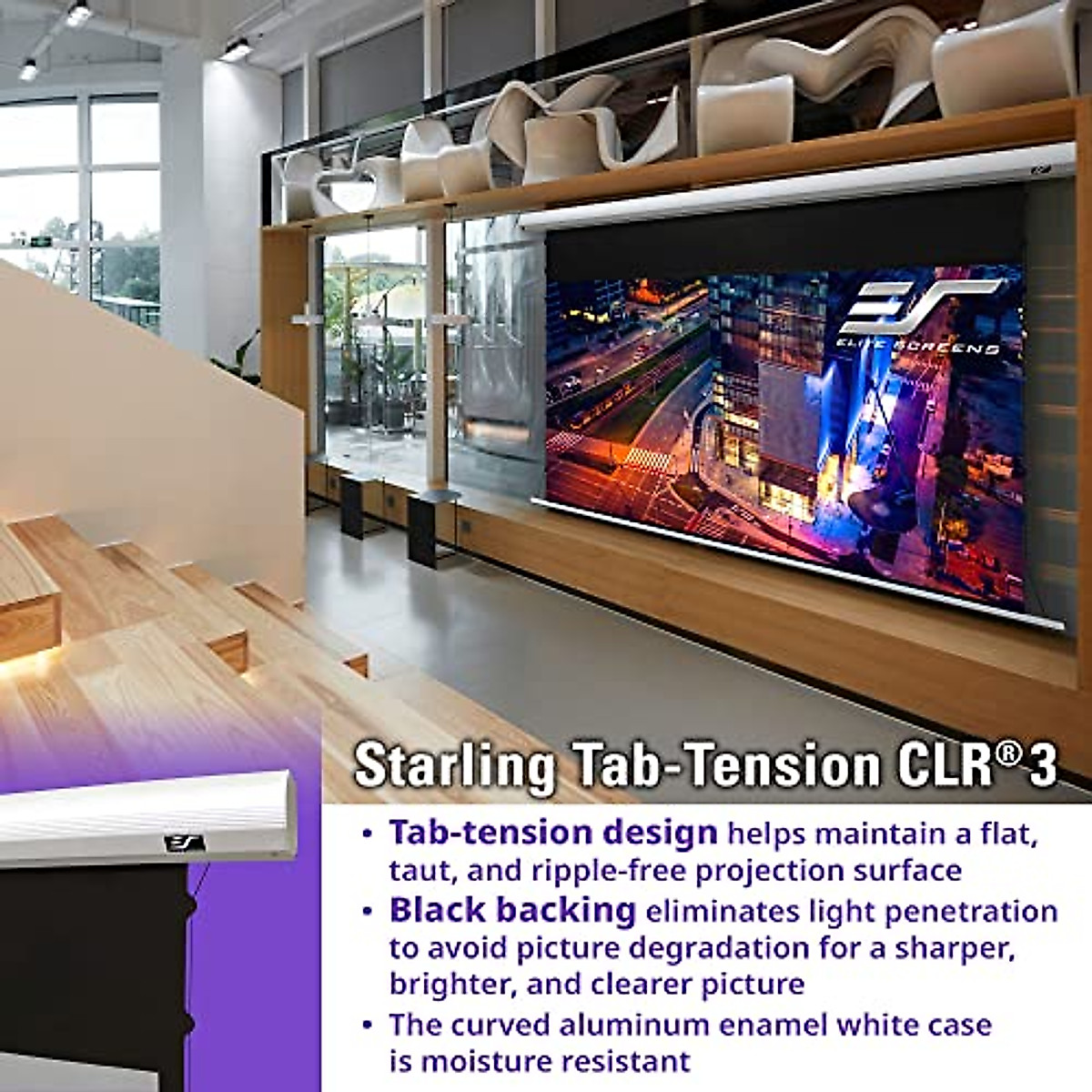 Elite Screens Starling Tab-Tension CLR® 3 Series, 121 INCH Diag.16:9 Ultra Short Throw Ceiling Ambient Light Rejecting (CLR/ALR) Electric Wall/Ceiling Retractable Projector Screen, STT121XH-CLR3