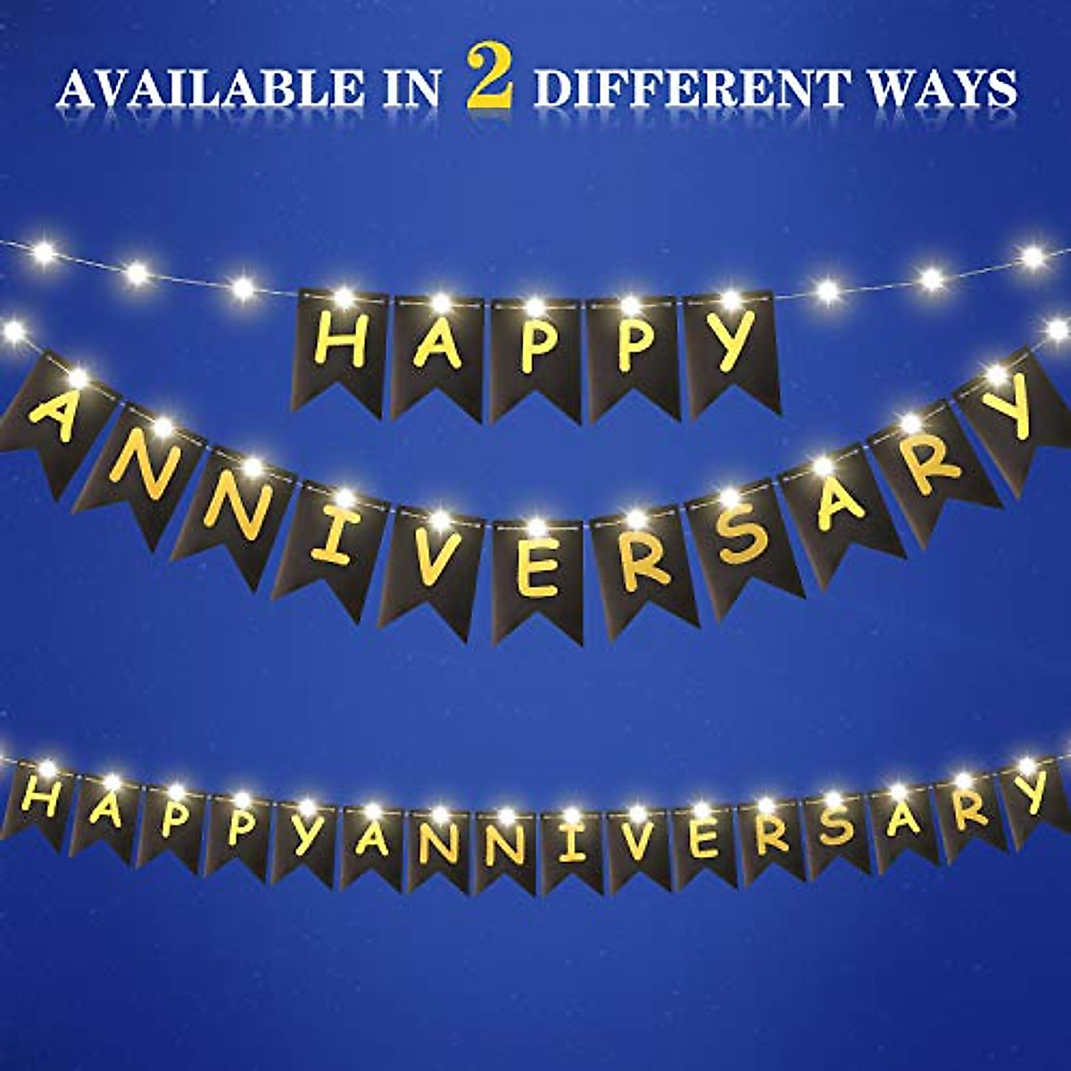 Happy Anniversary Banner Gold Foiled Sign Banner with LED Fairy String Light 8 Flicker Mode, Anniversary Party Decoration Photo Props for Anniversary Wedding Party Ceremony Decoration (Black)