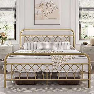 Yaheetech Queen Bed Frame Metal Platform Bed with Petal Accented Headboard/Footboard/14.4 Inch Under Bed Storage/No Box Spring Needed,Antique Gold