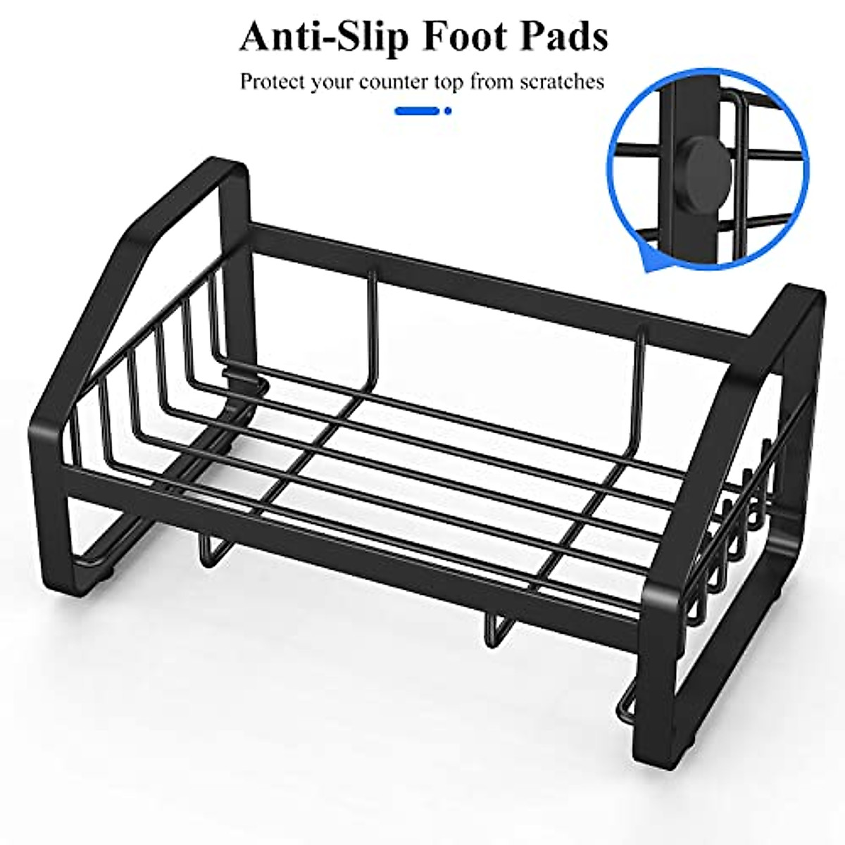 MEYONER Sink Caddy, Sponge Holder for Kitchen Sink, Sink Accessories, Dish Soap Holder Caddy for Countertop, 304 Stainless Steel with Removable Drain Pan for Sponge, Brush, Dish Soap Bottles(Black)