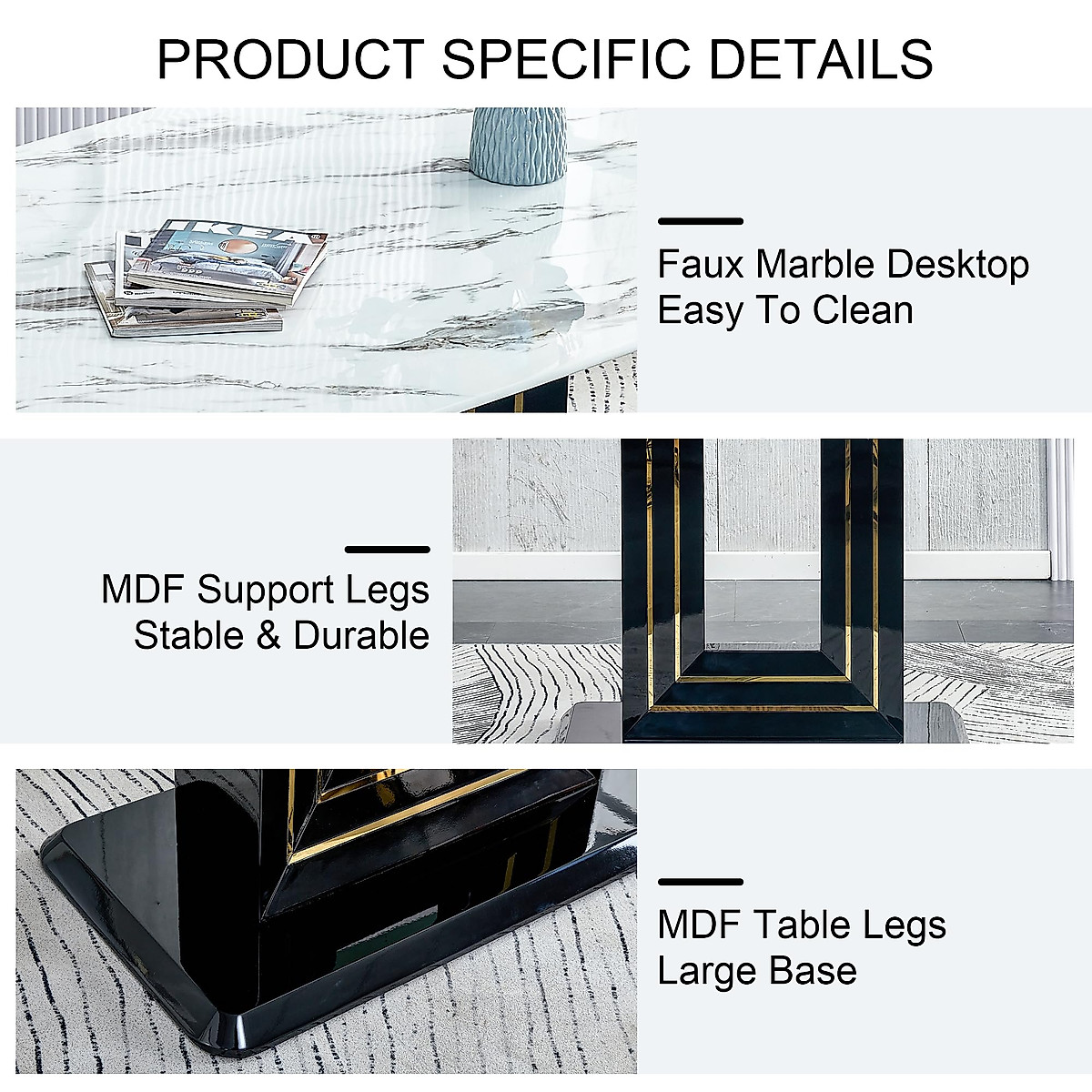 Maotifeys Luxury Faux Marble Dining Table for 6 Rectangular Kitchen Table with Black Gold Pedestal Base Elegant White Marble Dinner Table for 4-6 People in Kitchen Dining Room Office