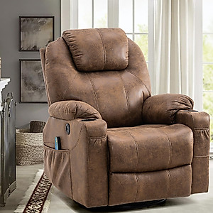 EPICOZY Manual Swivel Rocker Recliner with Heat and Vibration, 360° Swivel Glider Massage Lounge Chair, Ergonomic Single Sofa Recliner with 2 Cup Holders Side Pockets & USB Port, Brown