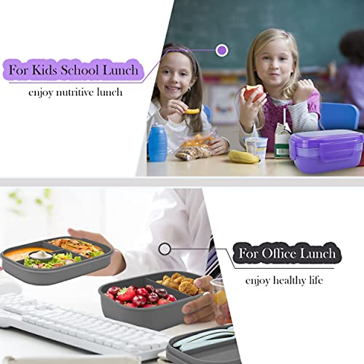 CocoMeiwei Bento Box Adult Lunch Box, Bento Lunch Box with 5 Silicone Cupcake Liners, Leak-proof Bento Lunch Box Containers 3 Tiers 50oz, 6compartments Large Capacity for Working Grey