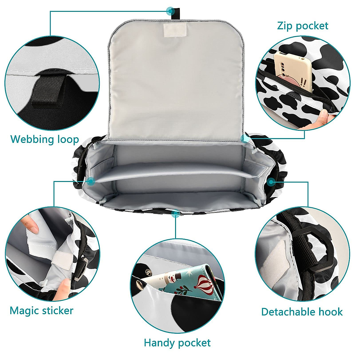 Sinestour Custom Cow Print Texture Stroller Organizer with Cup Holder Personalized Universal Stroller Organizer Bag Stroller Accessories for Diaper Toys Snacks Keys Fit All Baby Stroller