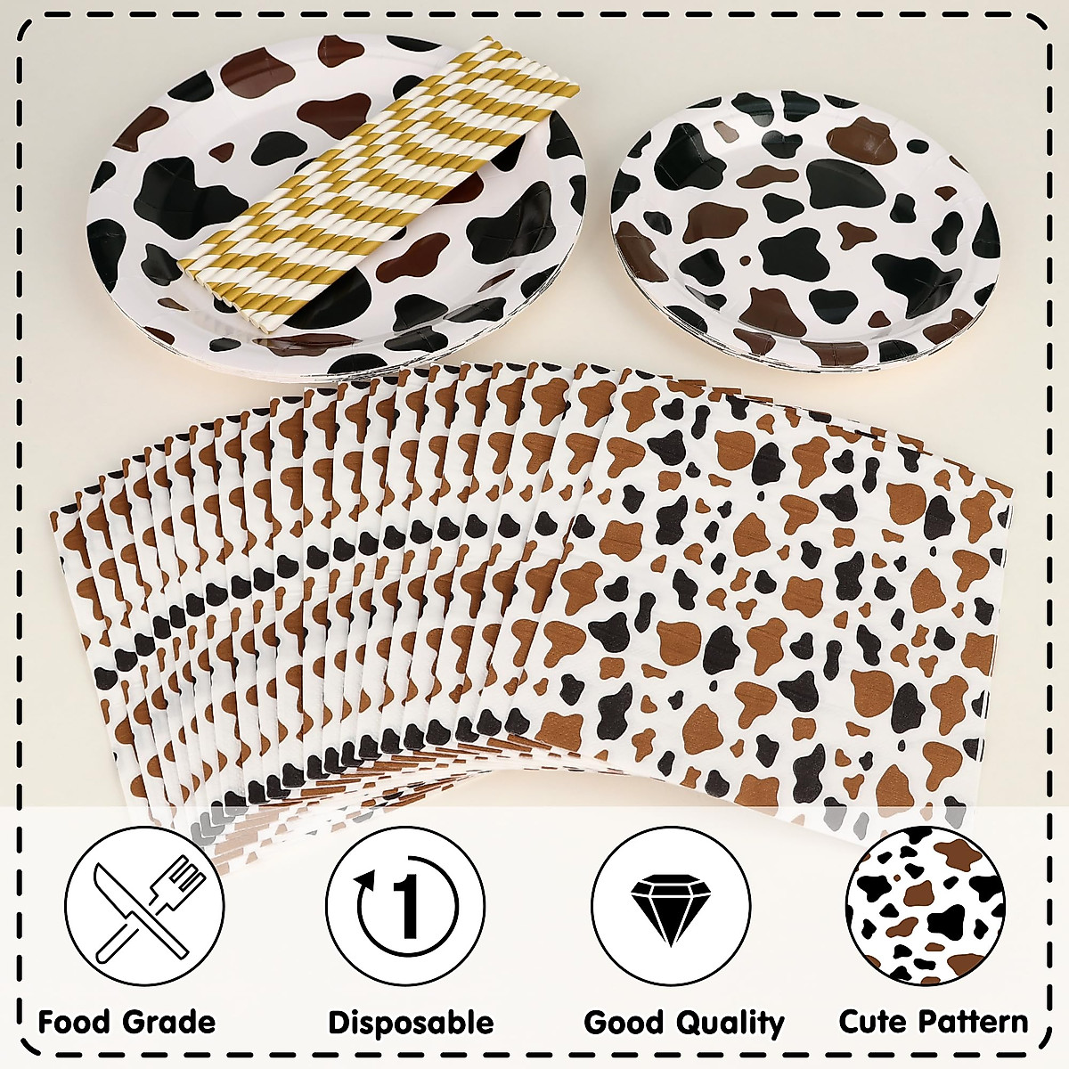 Brown Cow Prints Plates and Napkins Party Supplies, Highland Cow Birthday Decorations-Cow Print Tablecloth, Banner, Plates and Napkins, Balloons, Straws for Farm Party Baby Shower, Cowboy Cowgirl