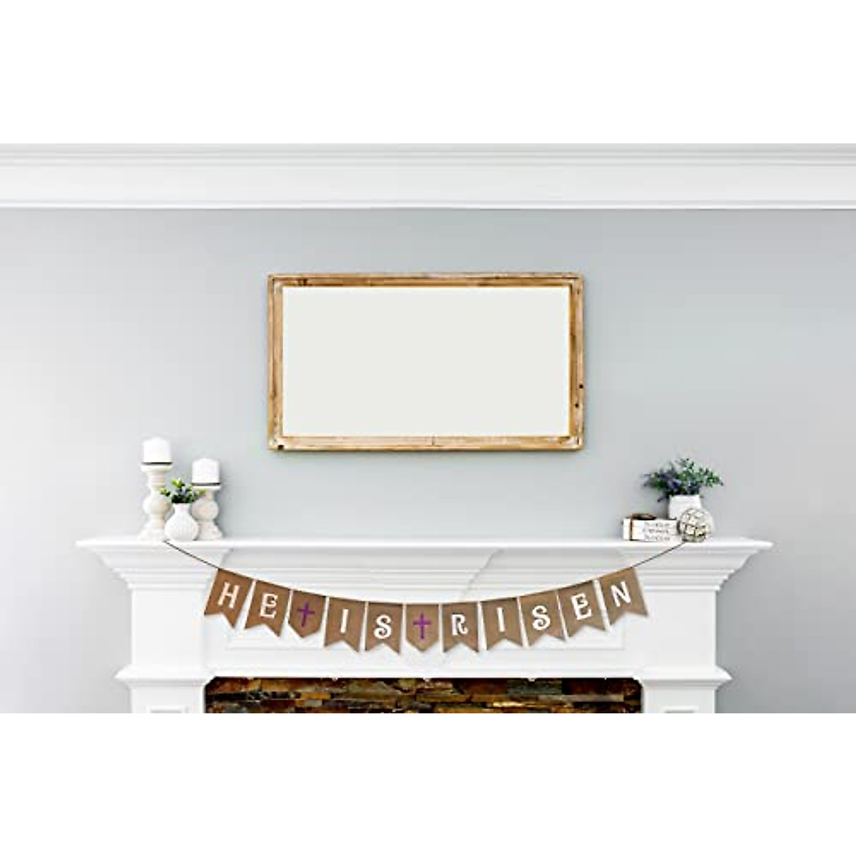 HE IS RISEN Burlap Banner - Easter Bunting Decoration with Crosses - Religious Holiday Bunting Wall Hanging - Ready to Hang Church Prop Decorations by Jolly Jon