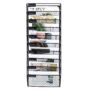 PAG 10 Pockets Wall File Holder Wall Mounted Mail Sorter Organizer Metal Chicken Wire Hanging Magazine Rack, Black