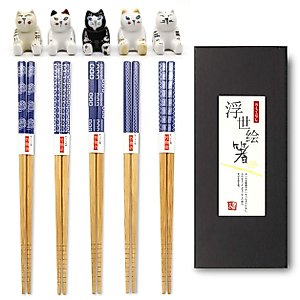 5 Pairs Japanese Style Bamboo Chopsticks and Rest, Cartoon Cute Fat Cat Chopstick Rest, Classic Tasteful Simplicity Gift Set Wooden Natural Bamboo Reusable Lightweight Non Slip for Chinese Chopstick