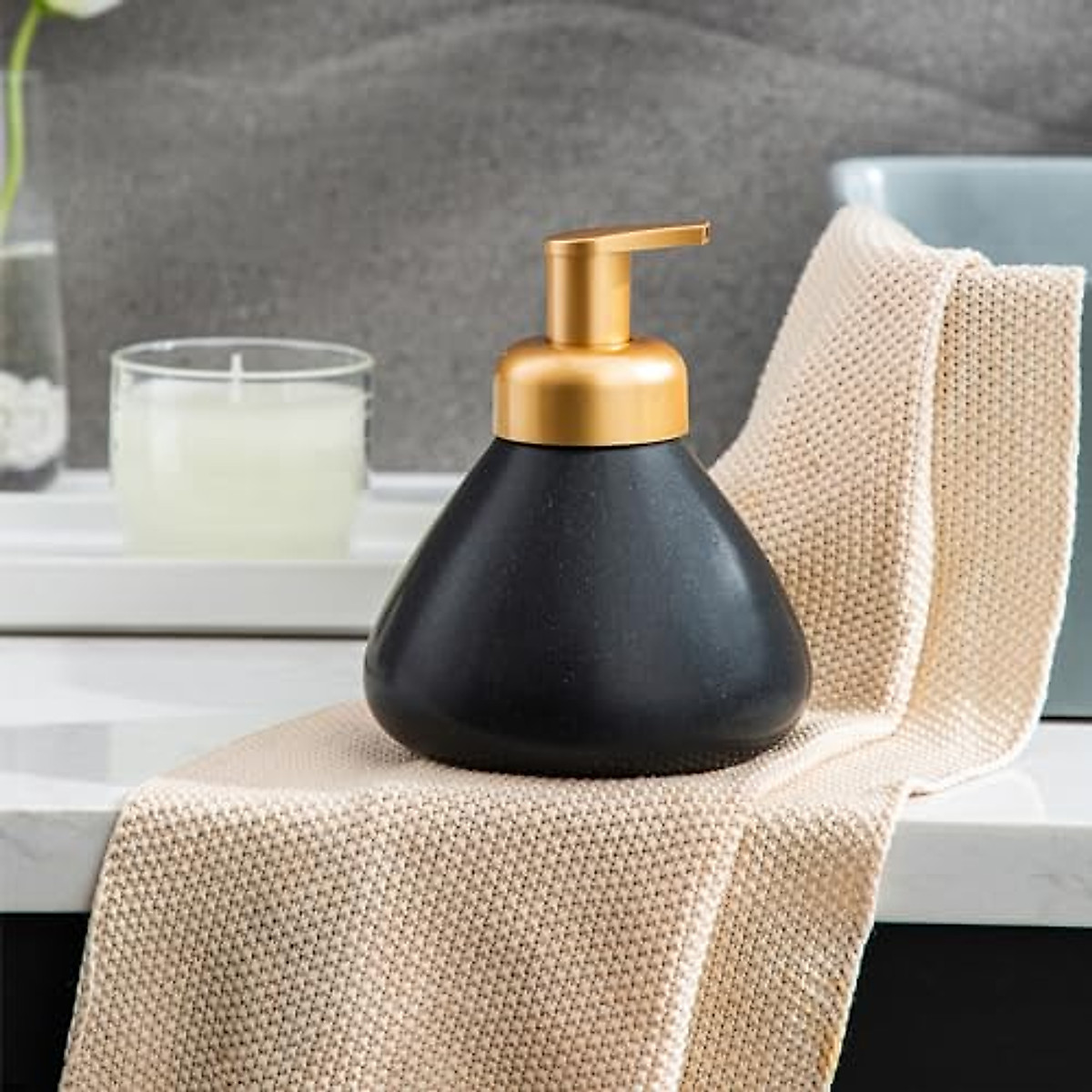 Lareina Foam Hand Soap Dispenser - 16 oz Bathroom Lotion Hand Pump Dispenser, Ceramic Foaming Soap Dispenser with Gold Removable Pump for Kitchen Hand Wash Dispenser, Black