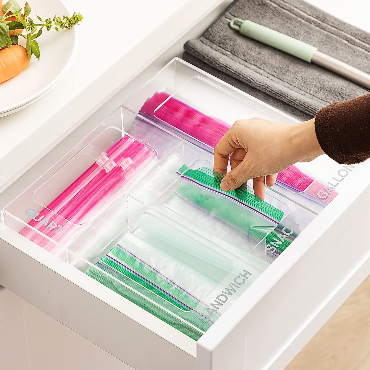 HBlife Ziplock Bag Storage Organizer, Premium Acrylic Compatible Holder Kitchen Drawer Baggie Container Suitable for Variety Size Bags Dispenser for Cabinet, Clear