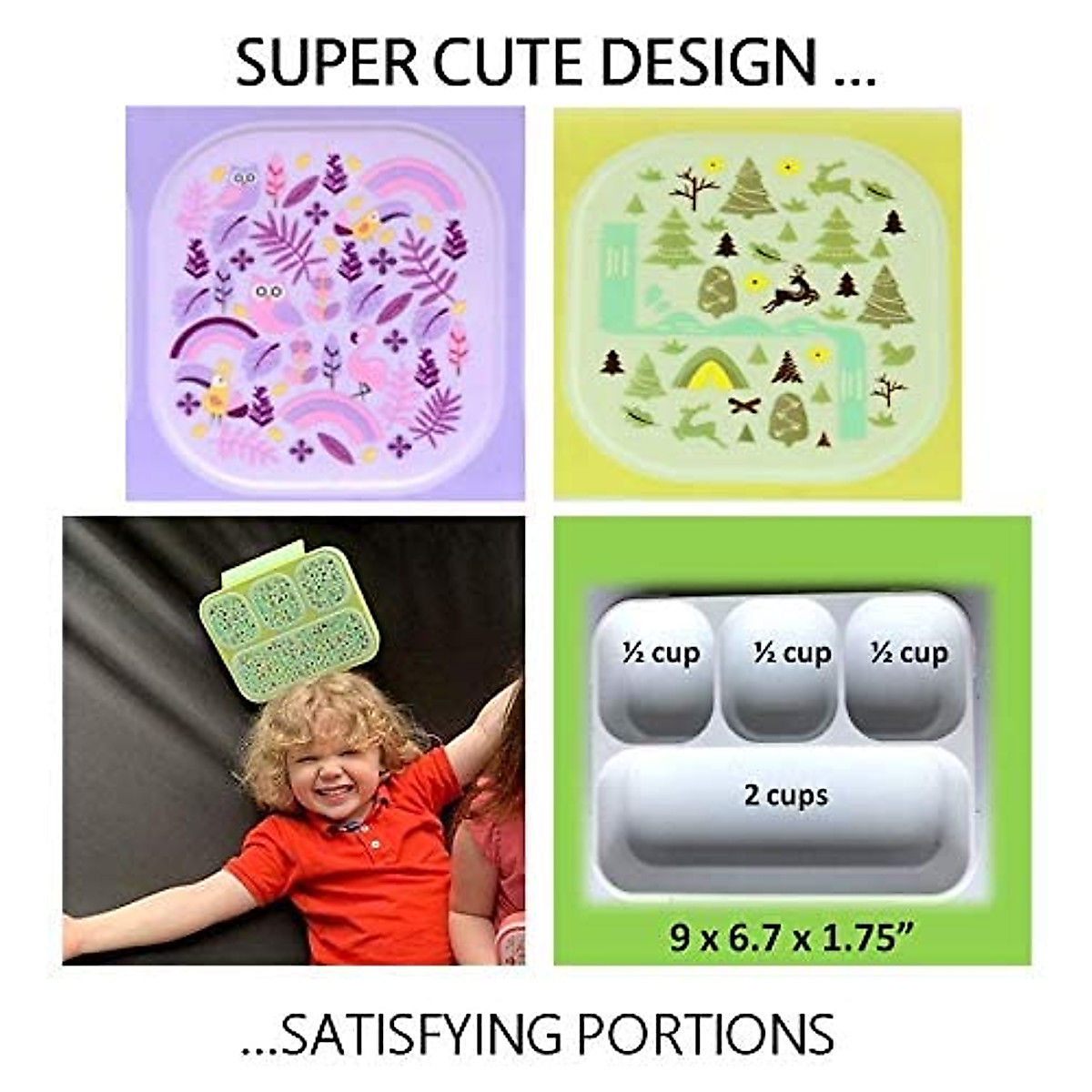 Bento Box for Kids Lunch-Boxes for Girls Boys | Food Safe Portion Snack Containers for Toddlers Pre-School | Cute Day-Care Meal Container BPA Free Lunches | Purple Green-Yellow 4 Compartments, 2 pack