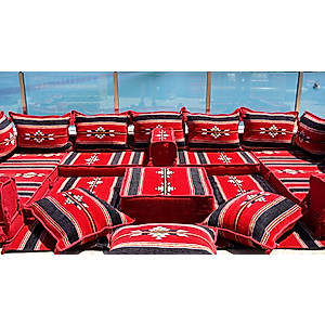 Red Corner Floor Sofa Seating Set, U Shaped Arabic Sofa Set, Oriental Floor Seating, Floor Cushions, Living Room Sofa, Arabic Majlis,Floor Couch (U Sofa Full Set)